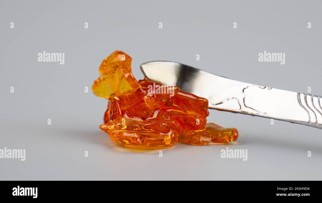amber yellow cannabis wax concentrate dripping from the dabbing tool ...