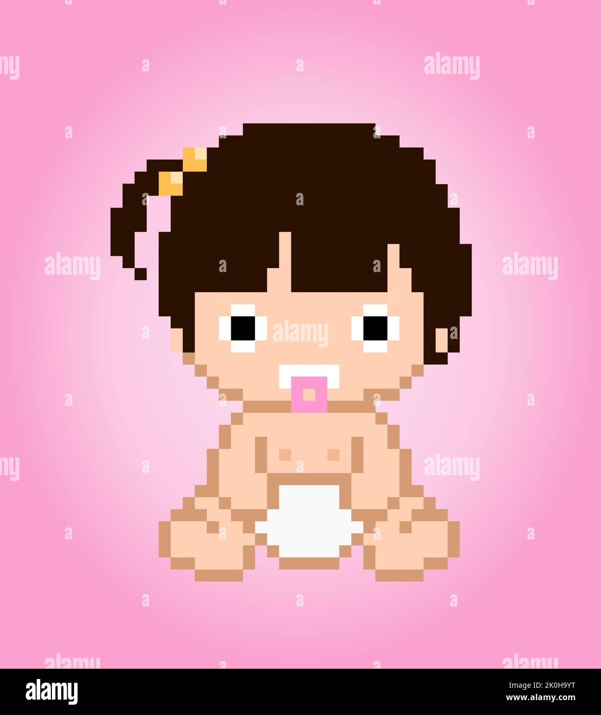 Pixel baby girl in ponytail is sitting. Cute baby vector illustration ...