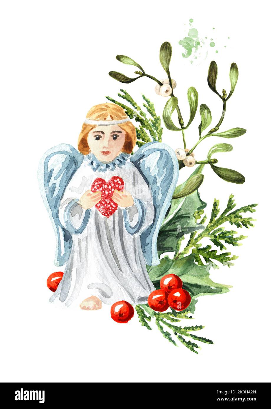 Christmas Angel with Winter festive decor. Hand drawn watercolor ...