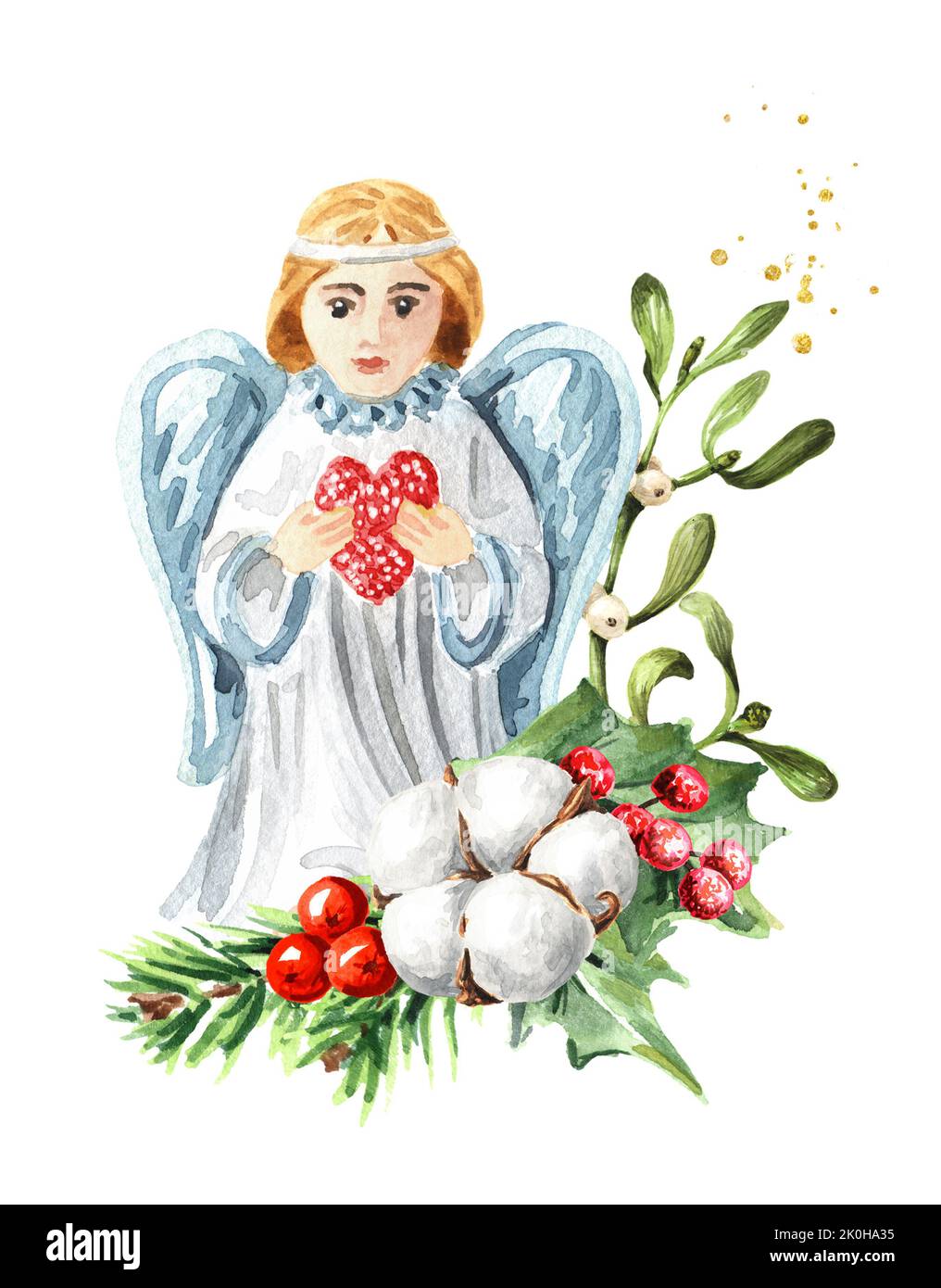 Christmas Angel with Winter festive decor. Hand drawn watercolor ...