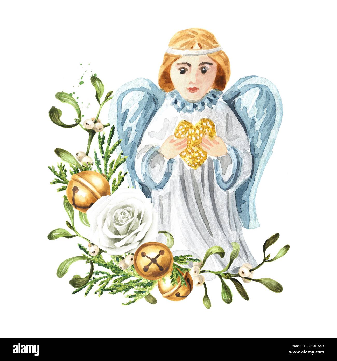 Christmas Angel with Winter festive decor. Hand drawn watercolor ...