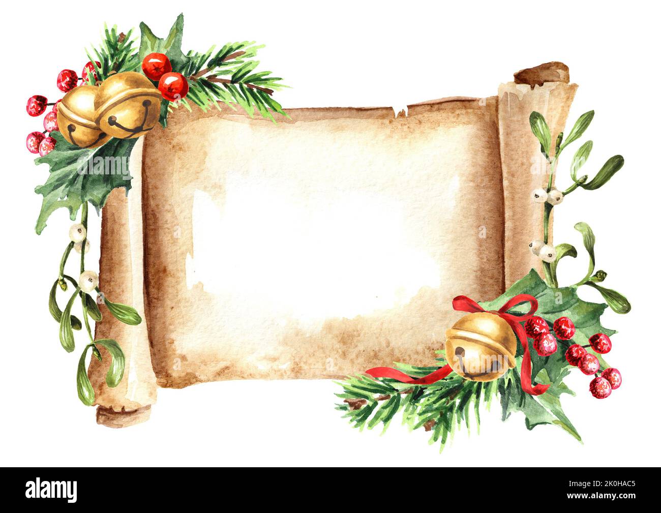 Christmas Scroll with copy space and Winter festive decor. Hand drawn ...