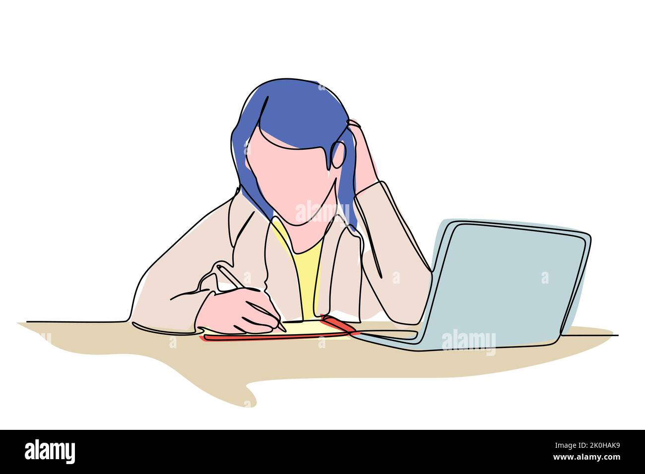 Young girl writing on the paper while studying in front of a not book ...