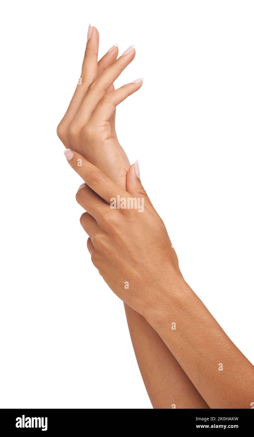 Healthy skin is soft. A young woman feeling her silky, smooth skin ...