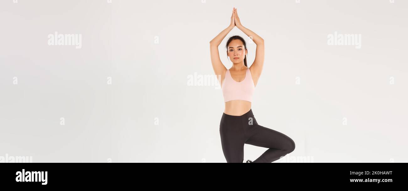 Sport, gym and healthy body concept. Full length of focused, slim ...