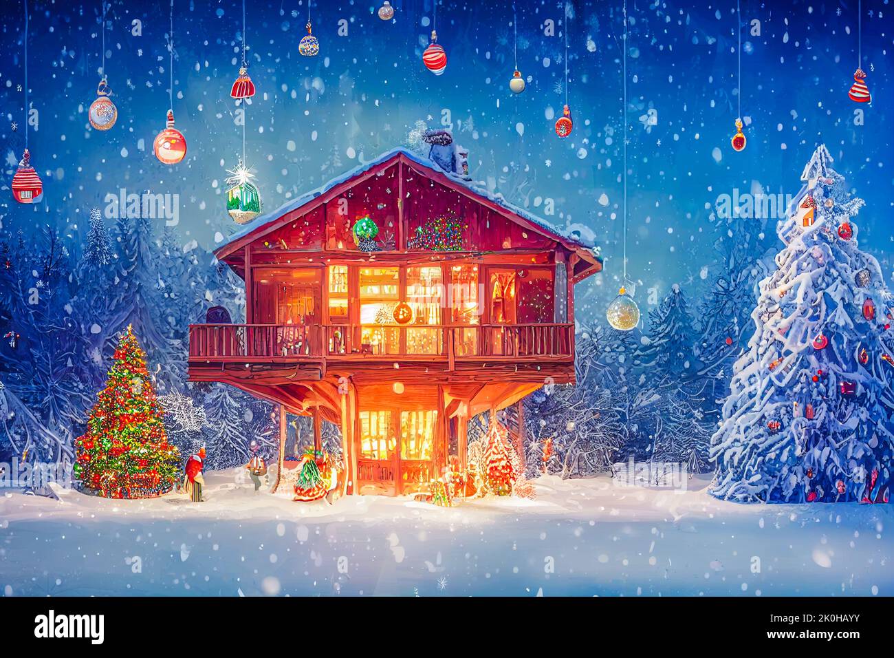 3D illustration of a Christmas tree house with ornaments and colored ...