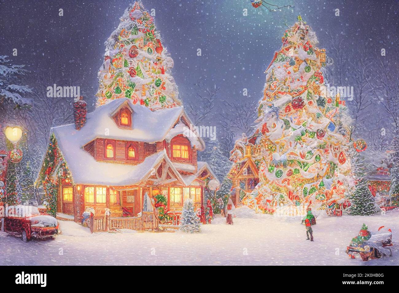 3D illustration of a Christmas tree house with ornaments and colored ...