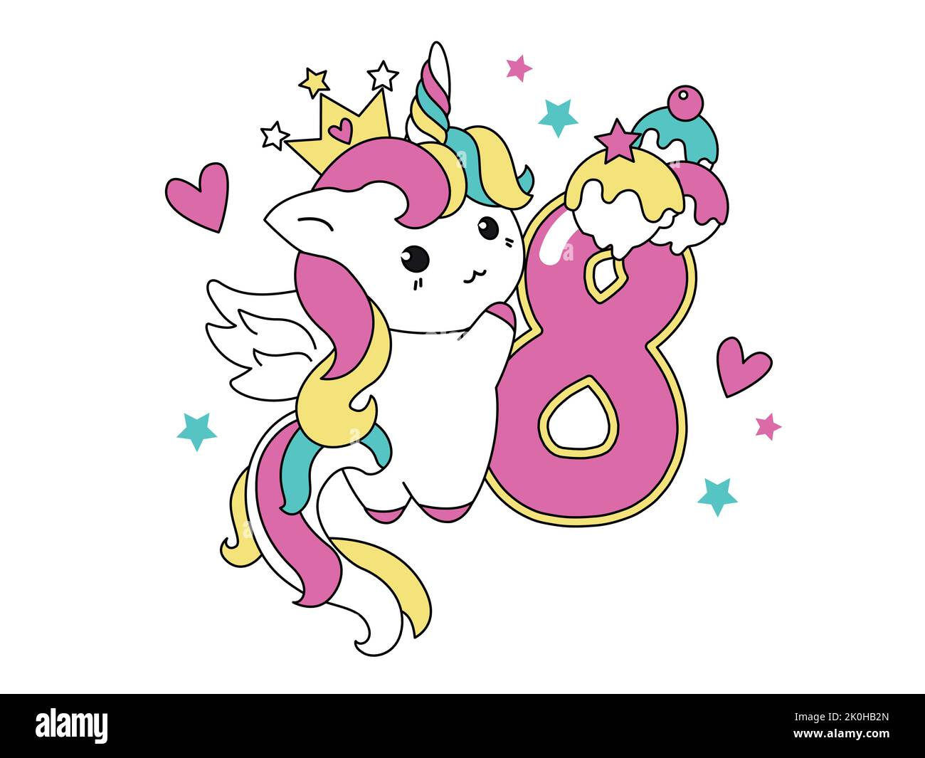 Cute unicorn collection in kawaii style with number eight. Happy ...