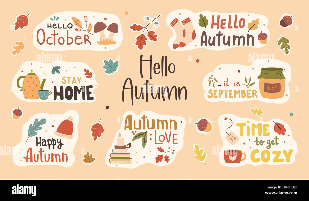 Autumn hand drawn vector sticker set. A set of stickers with a ...