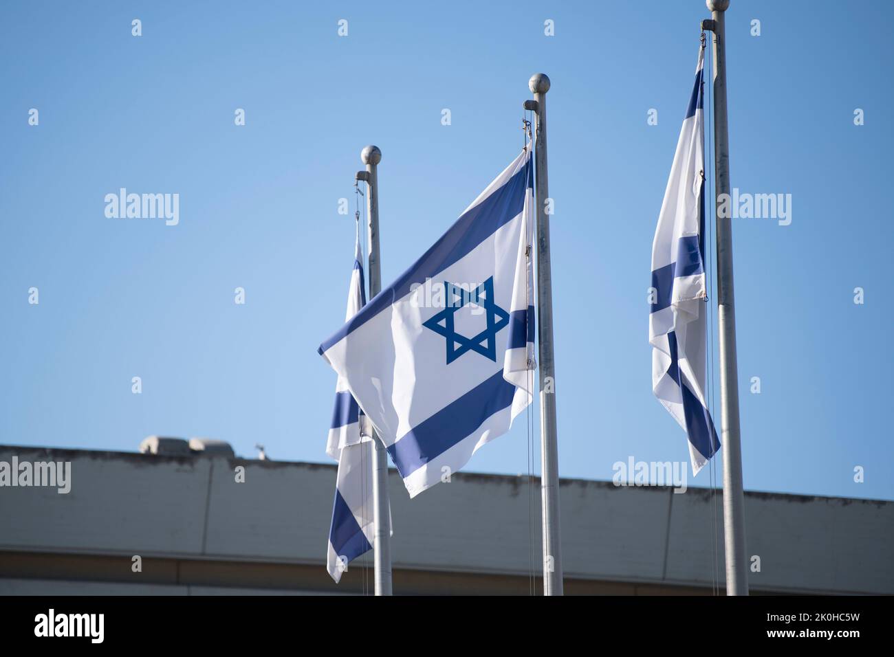 Jerusalem, Israel. 11th Sep, 2022. Israeli flags are flying in front of ...