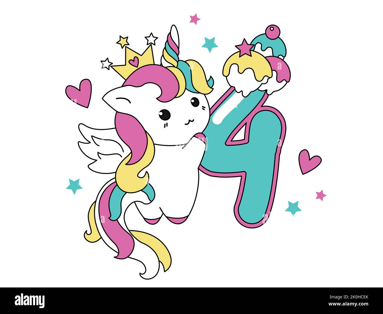 Cute unicorn collection in kawaii style with number four. Happy ...