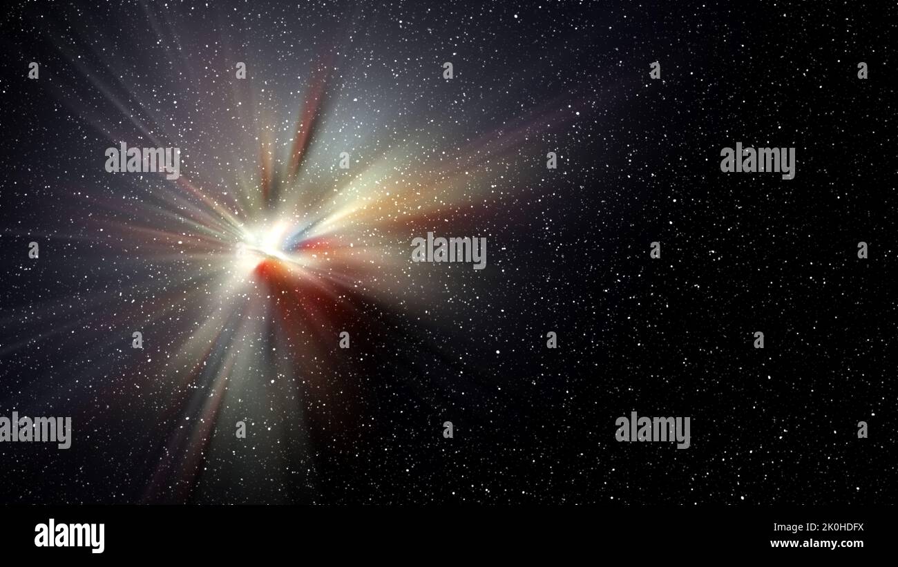 Burst of light in space. Night black starry sky horizontal background ...