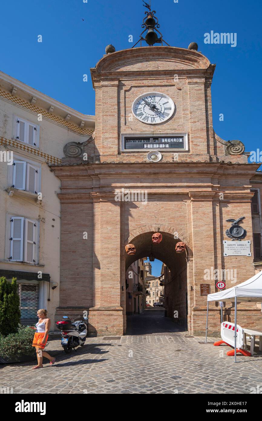 Piazza della Liberta’ square, Clock Towerl, Monte Urano, Marche, Italy ...
