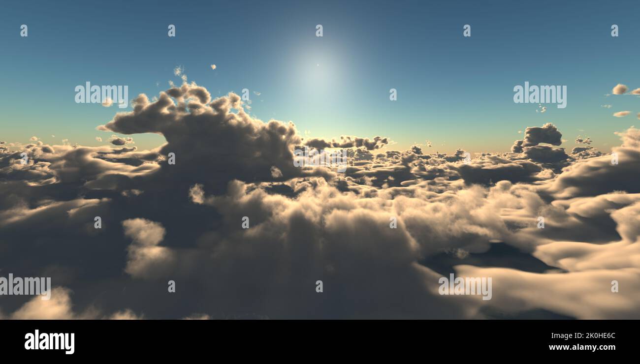 fly above clouds sunset landscape, 3d render illustration Stock Photo ...