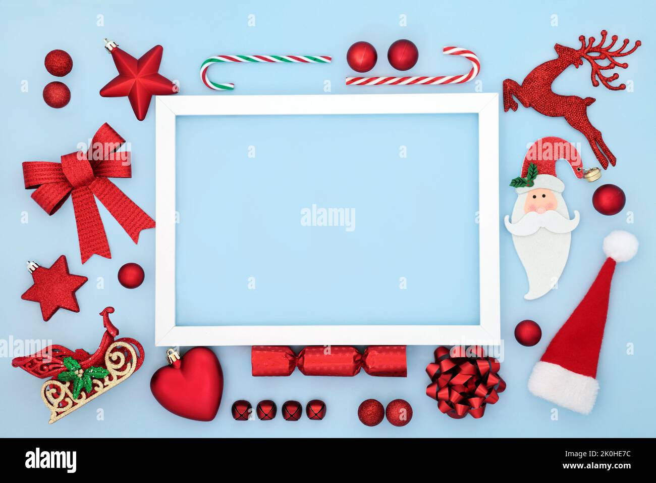 Christmas abstract festive background border on blue with red retro toy ...