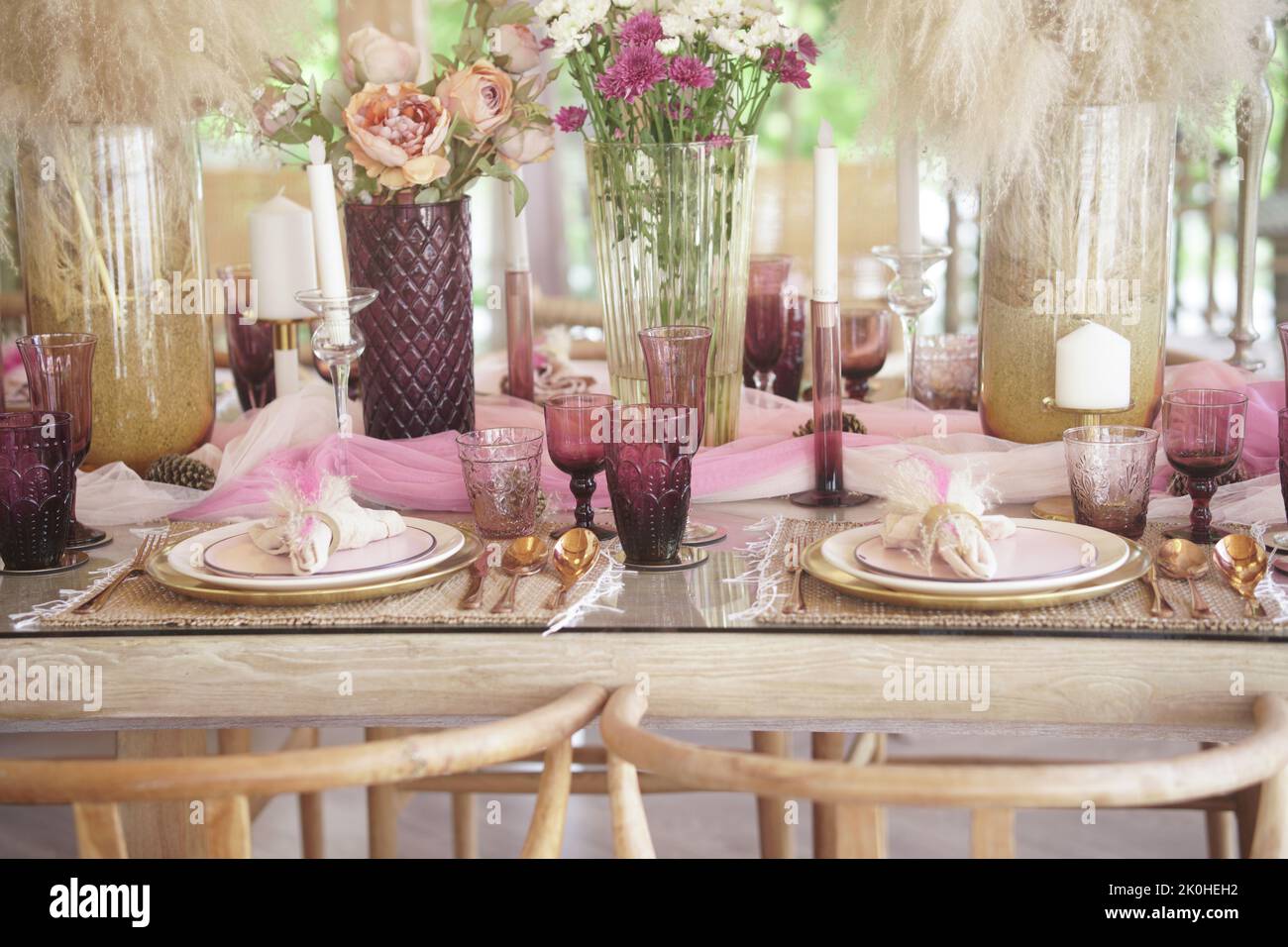 glass dishware on dining table. party banquet celebration Stock Photo ...