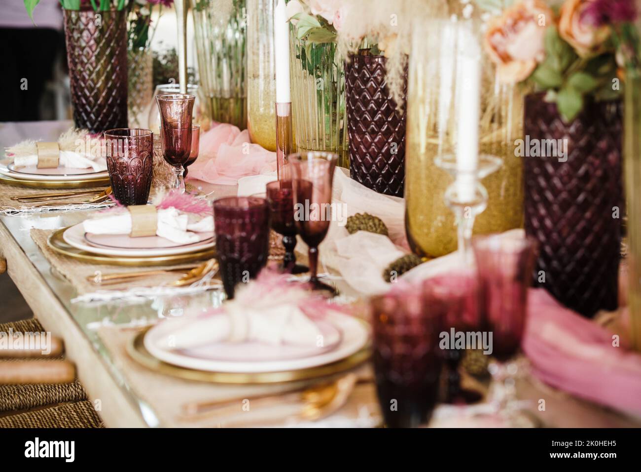 glass dishware on dining table. party banquet celebration Stock Photo ...