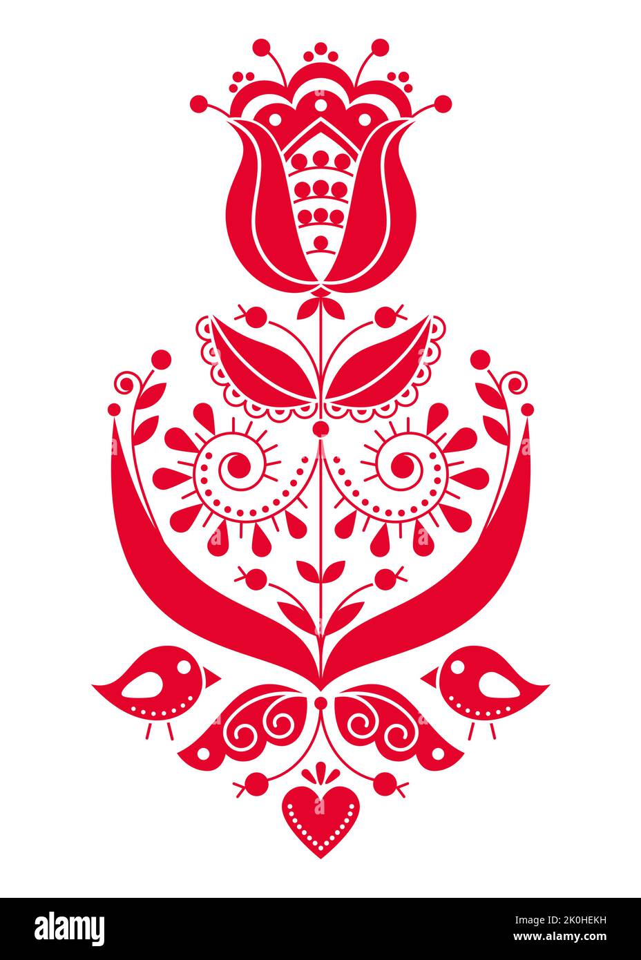 Valentine's Day Scandinavian folk art vector red greeting card design ...