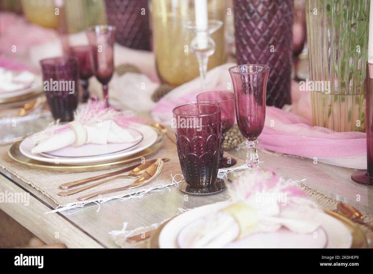 glass dishware on dining table. party banquet celebration Stock Photo ...