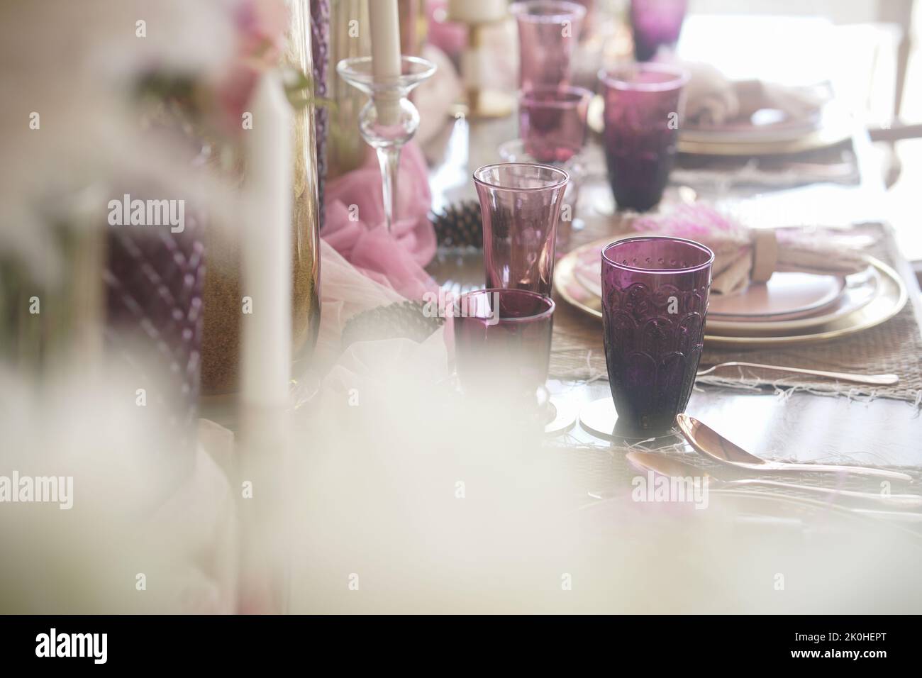 glass dishware on dining table. party banquet celebration Stock Photo ...