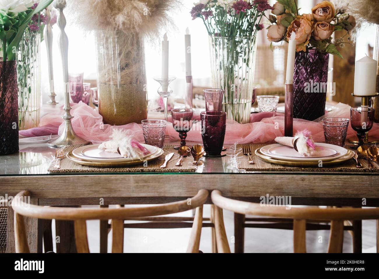 glass dishware on dining table. party banquet celebration Stock Photo ...