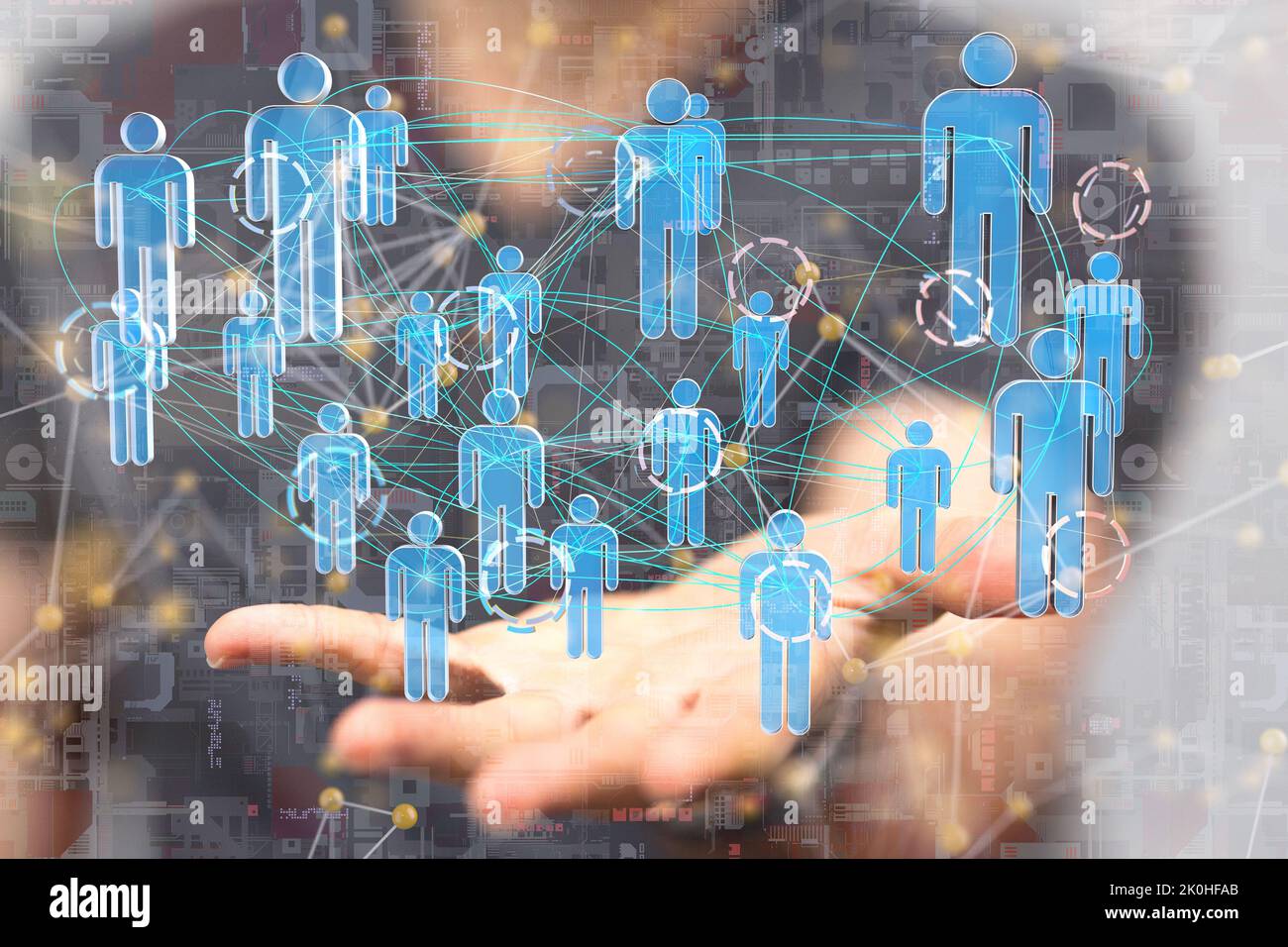 A group of 3D rendered people icons hovering over a man's hand Stock ...