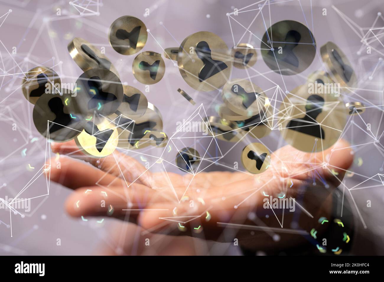 A group of 3D rendered profile icons hovering over a man's hand Stock Photo - Alamy