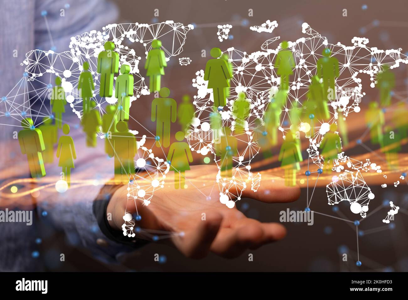 A group of 3D rendered people icons hovering over a man's hand Stock ...