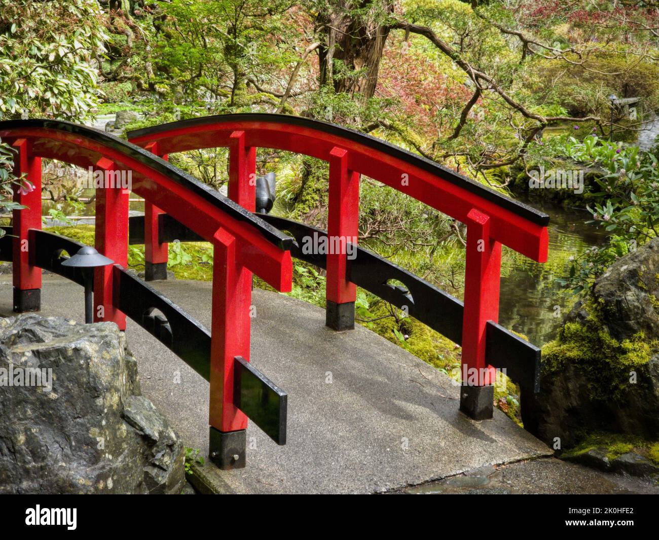 A bridge with different colorful flowers in the garden Stock Photo - Alamy