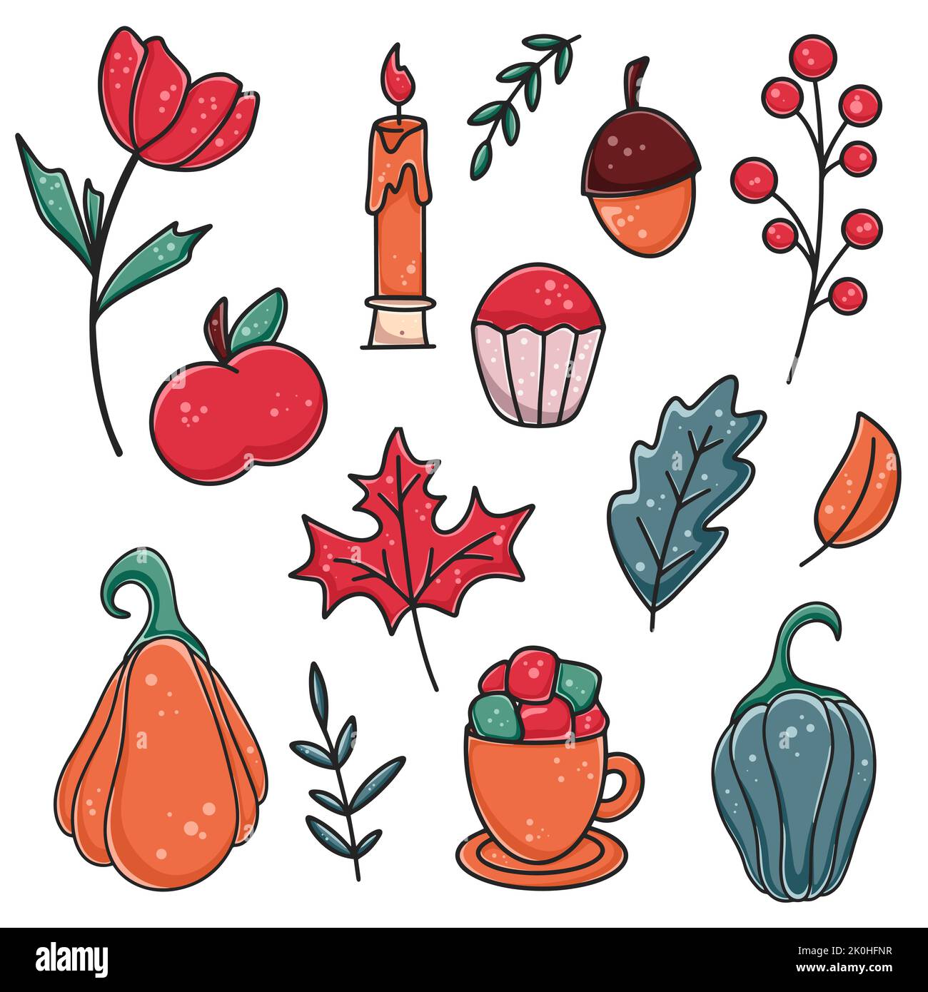 Hand drawn set cute autumn and winter attributes. Berries, flower ...