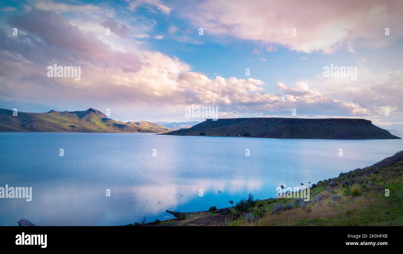 A closeup shot of Sillustani lake in the province of Puno Peru at ...