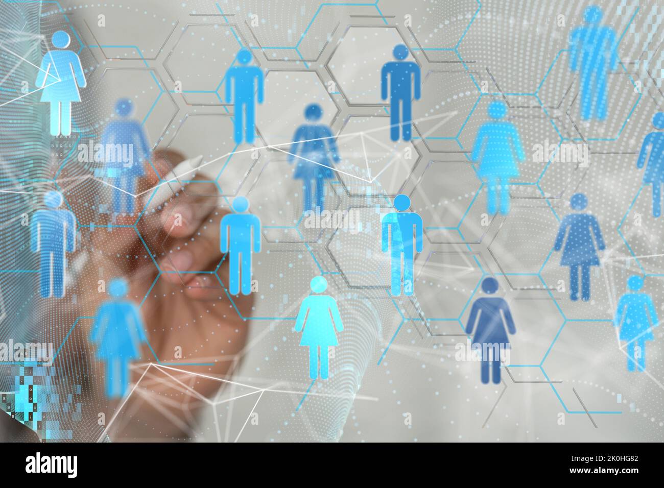 The illustrated people icons on a hexagonal blockchain, a concept of ...