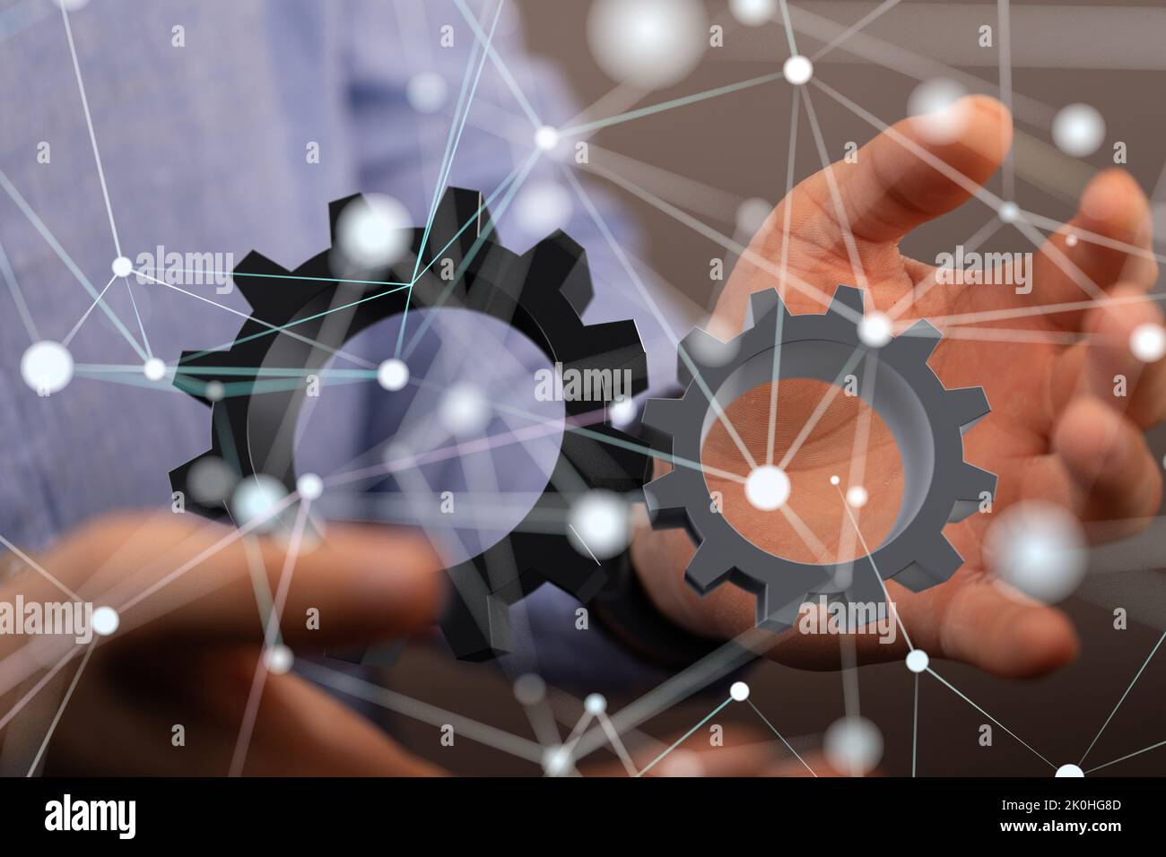 A 3D rendering of gear system data with connected lines floating above ...