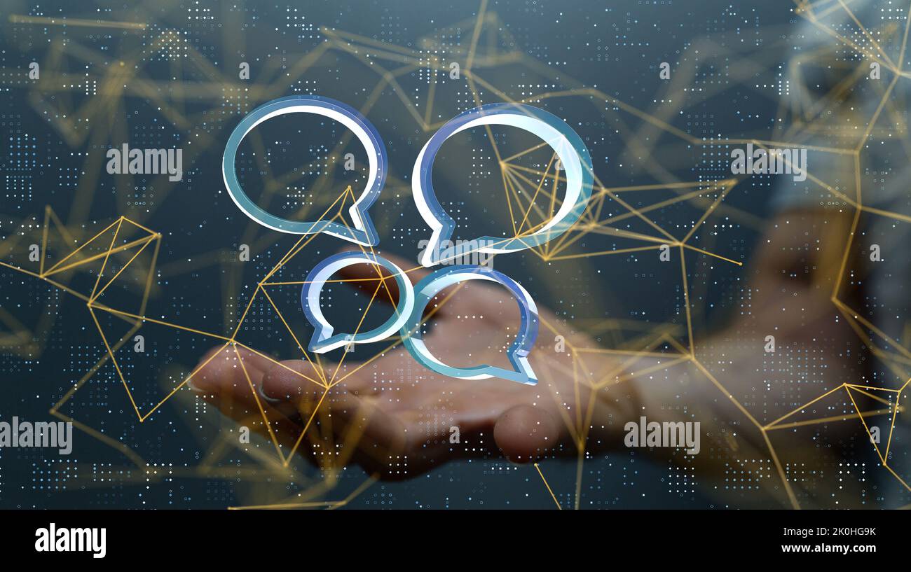 The illustrated speaking bubble icons floating above a hand, a concept ...