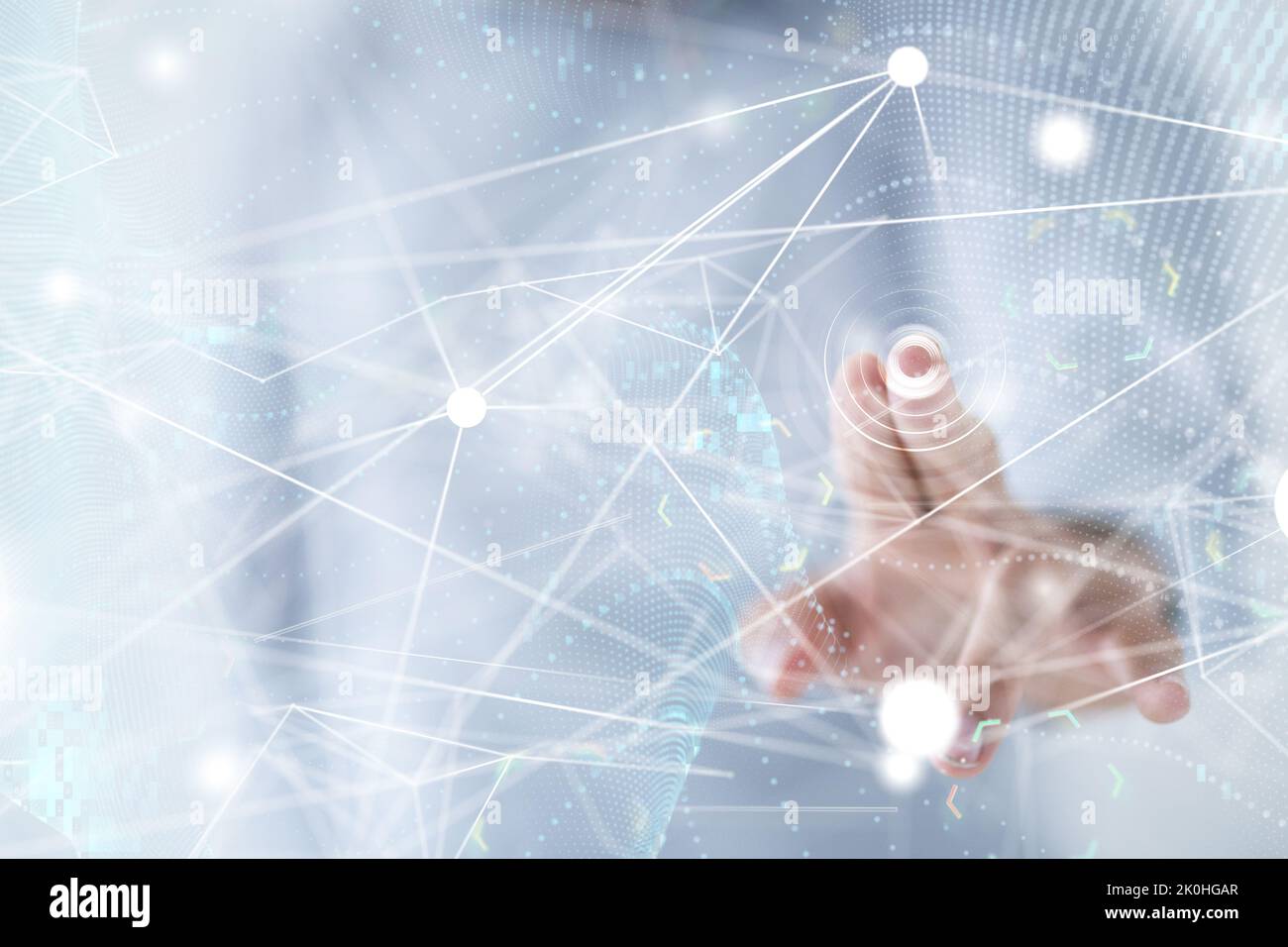 A 3D illustration of global network blockchain with fingers tapping ...