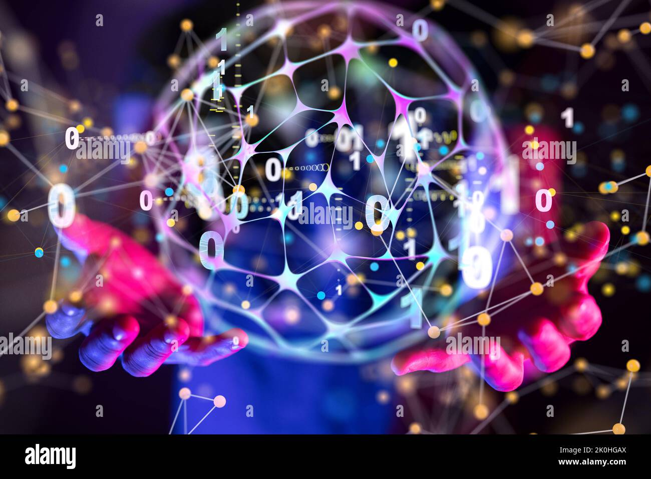 An illustrated network sphere floating above hands Stock Photo - Alamy