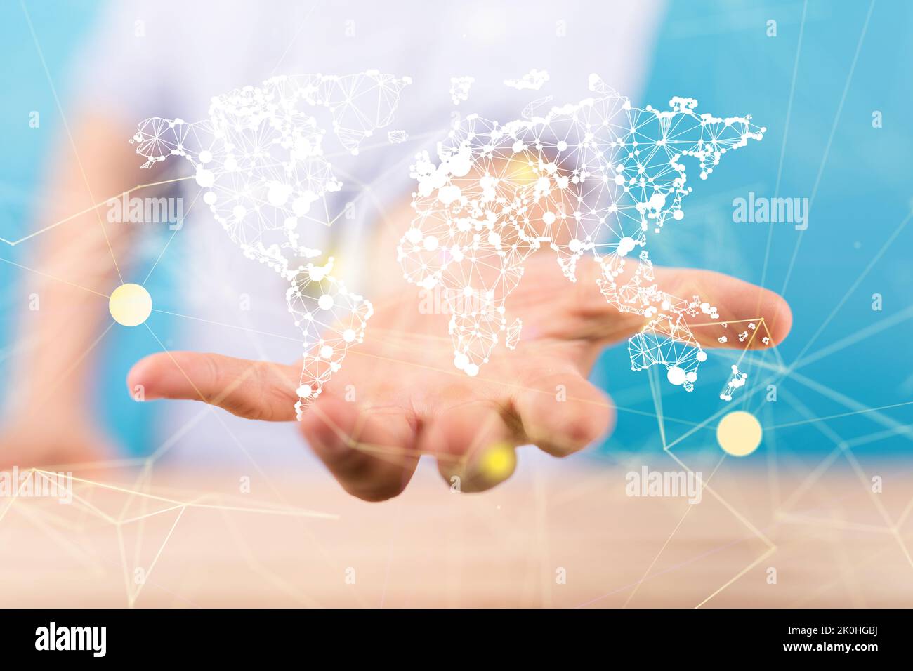 An illustrated world map-shaped blockchain floating above a hand, a ...