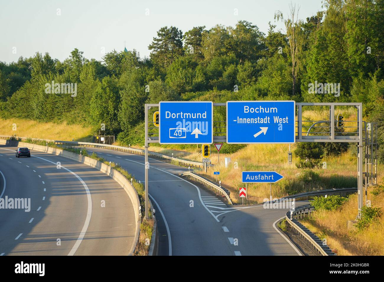 An aerial view of road signs showing directions to Dortmund and Bochum ...