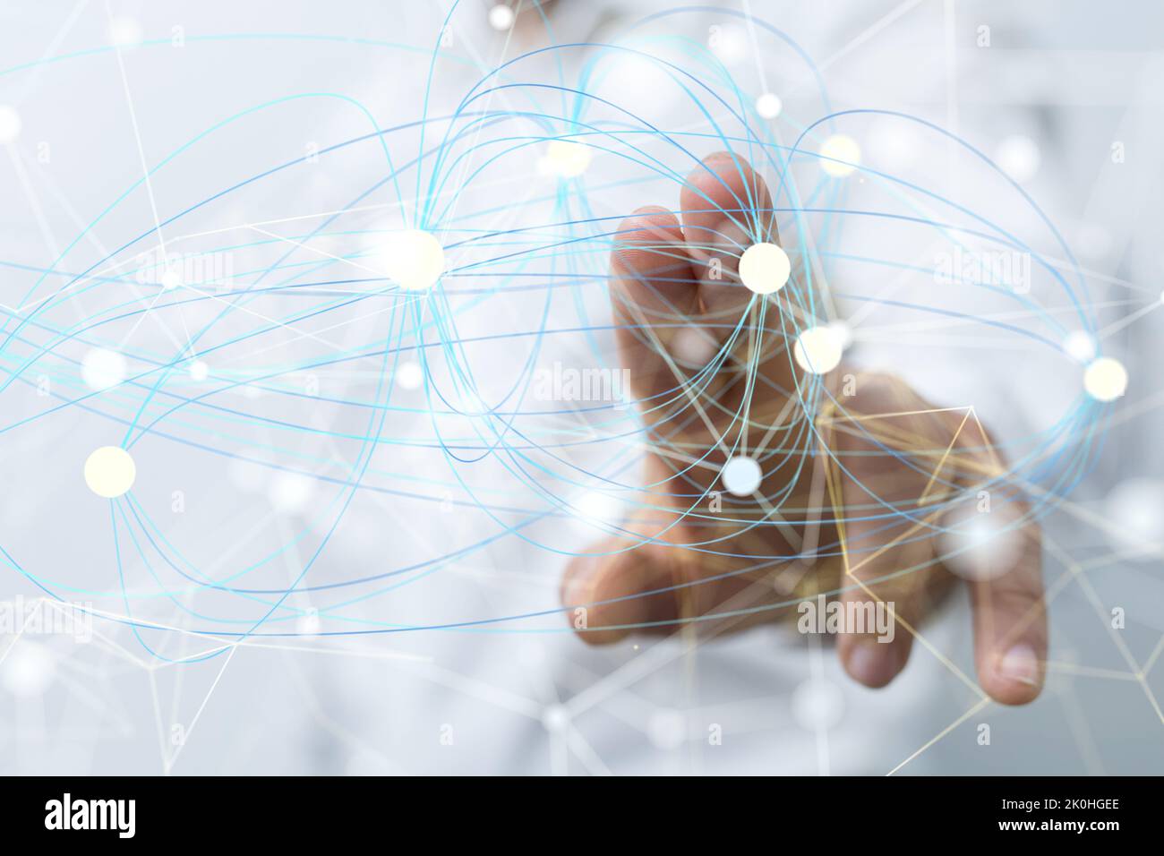 The fingers taping on the neural network illustration - digital data ...