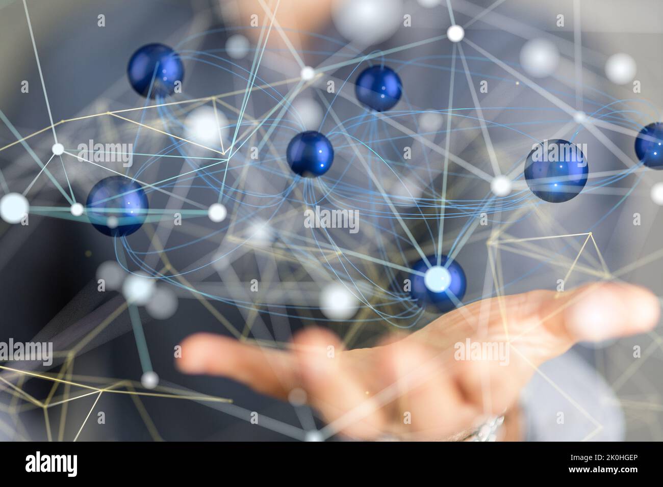A 3D illustration of a global network blockchain floating above a hand ...