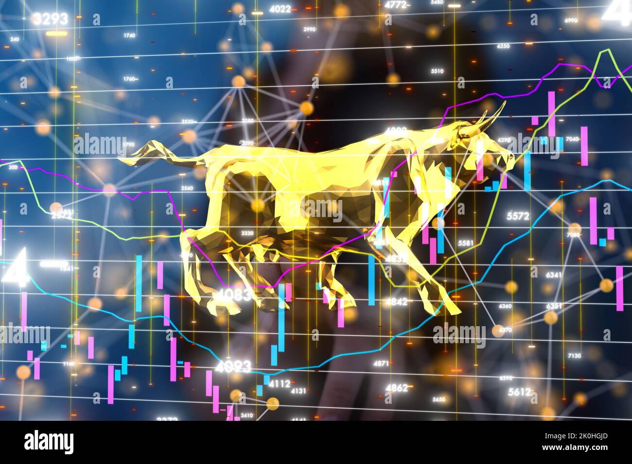 An illustrative golden bull with statistical diagrams on a blurry ...