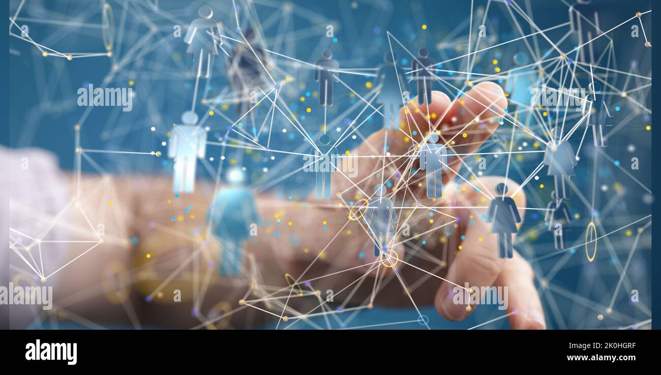 A businessman pointing to a 3D rendered network with user icons in a cyberspace Stock Photo - Alamy