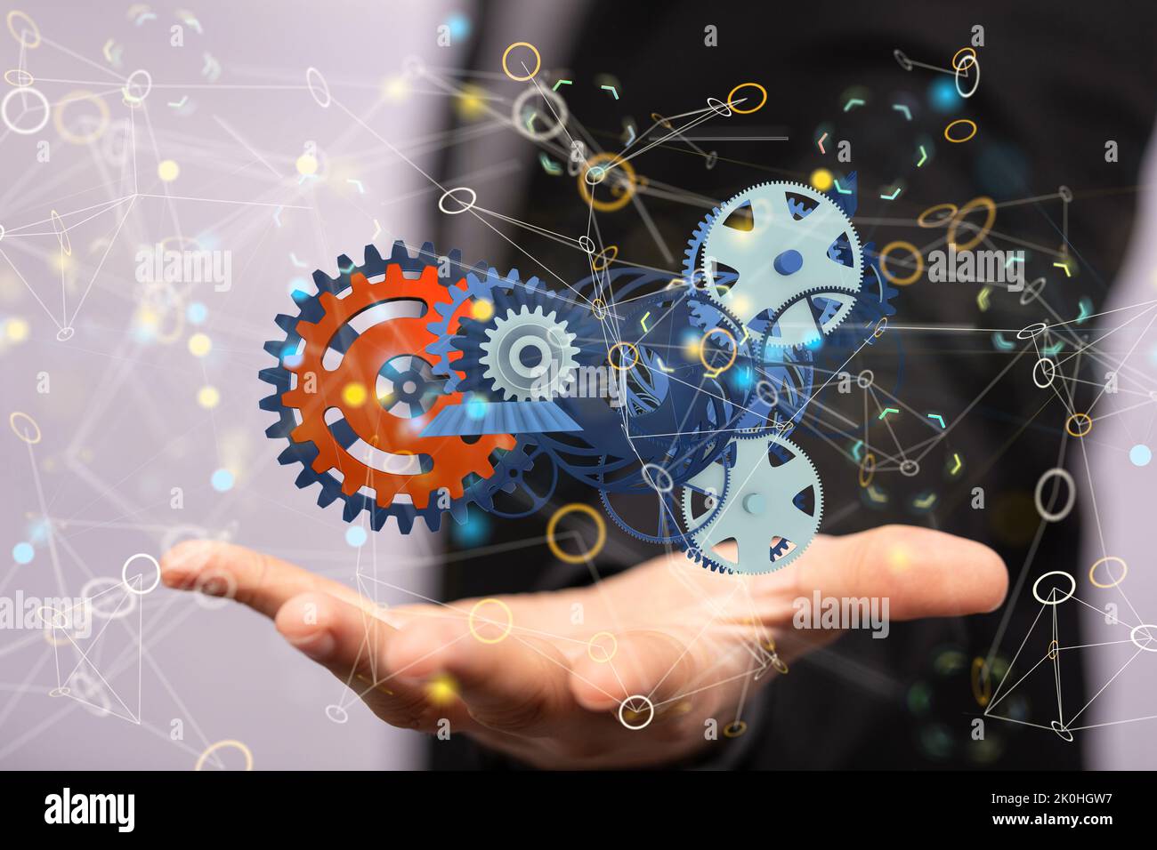 A businessman hand showing 3D rendered digital data visualization icons ...