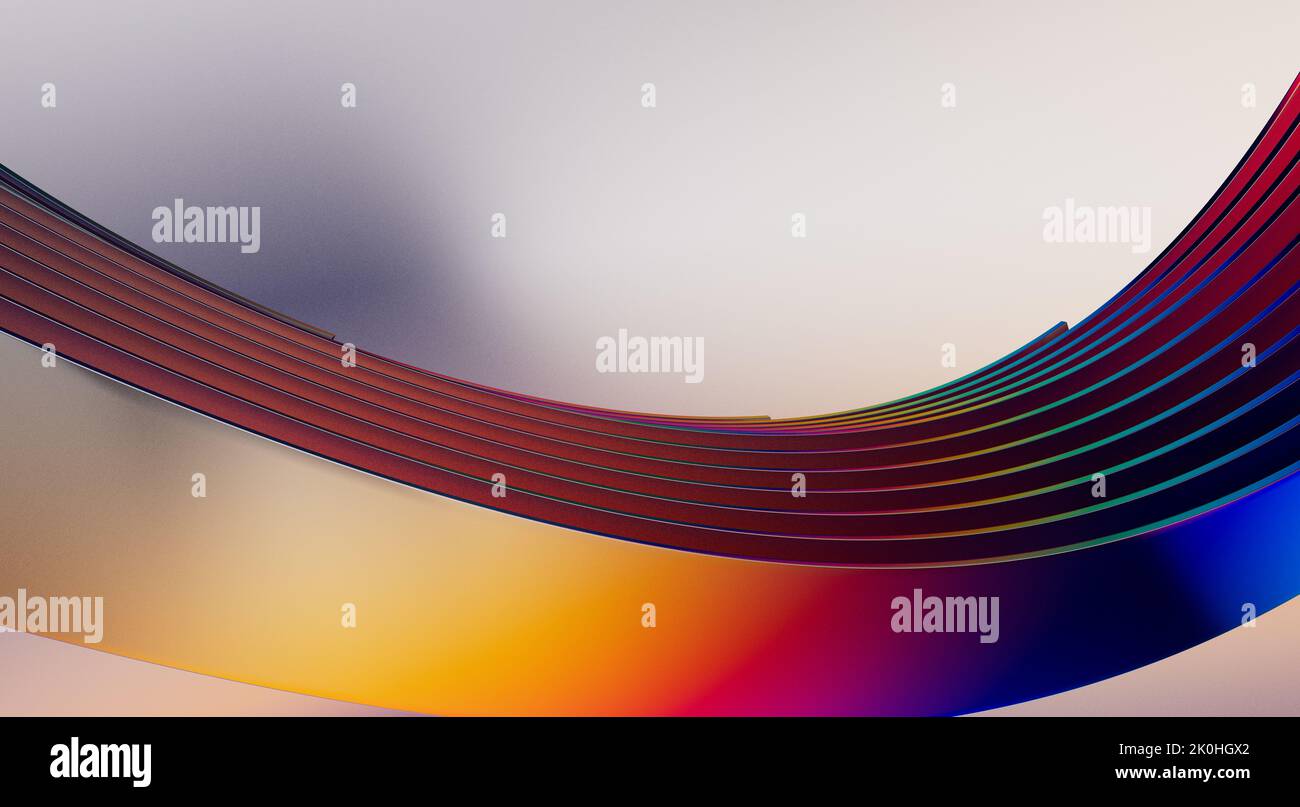 a 3D rendering of colorful chromatic twisted planks against a gray ...