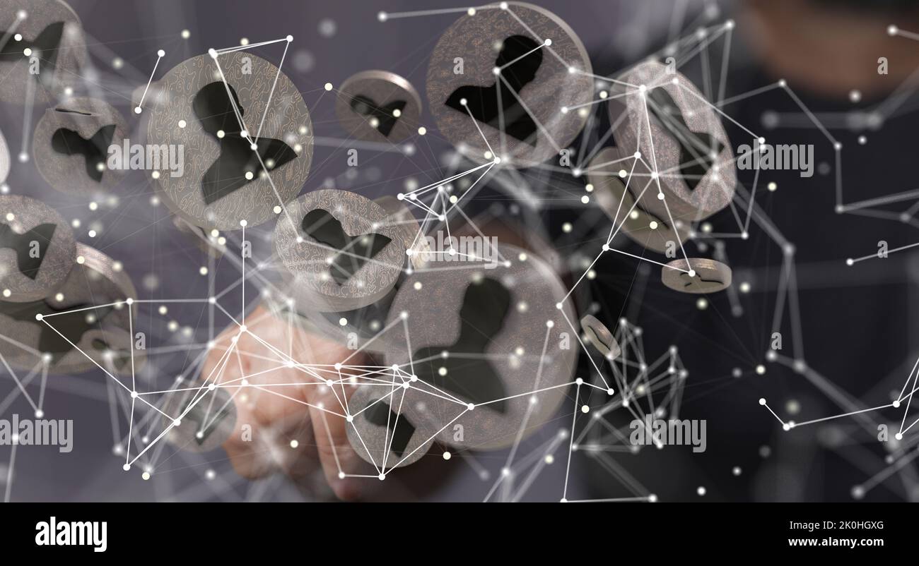 A businessman showing a 3D rendered network with user icons in a ...
