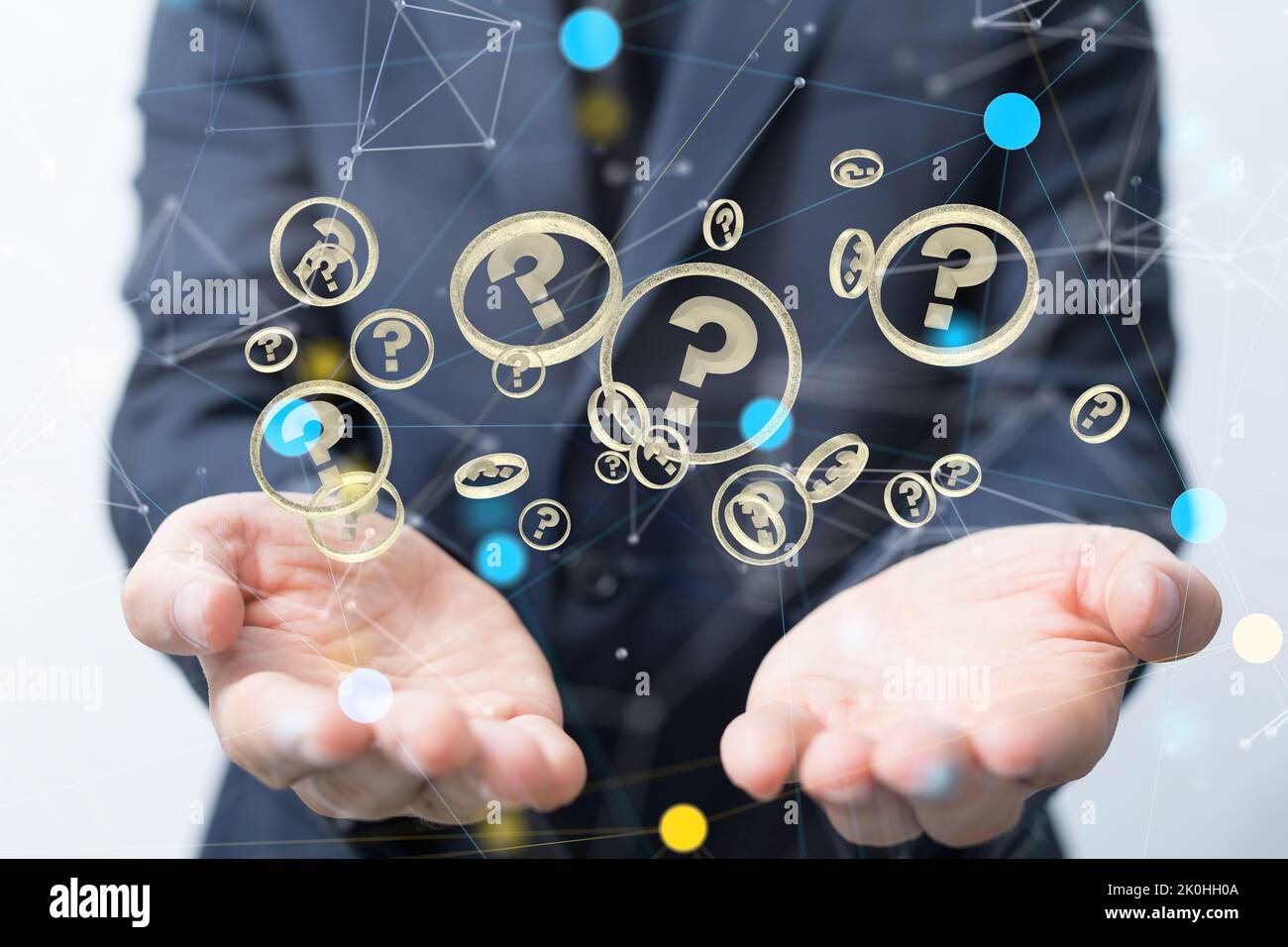 The 3d rendered question mark icons hovering over the male hands Stock ...