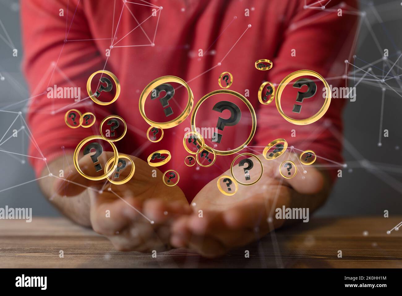 The 3d rendered question mark icons hovering over the male hands Stock ...