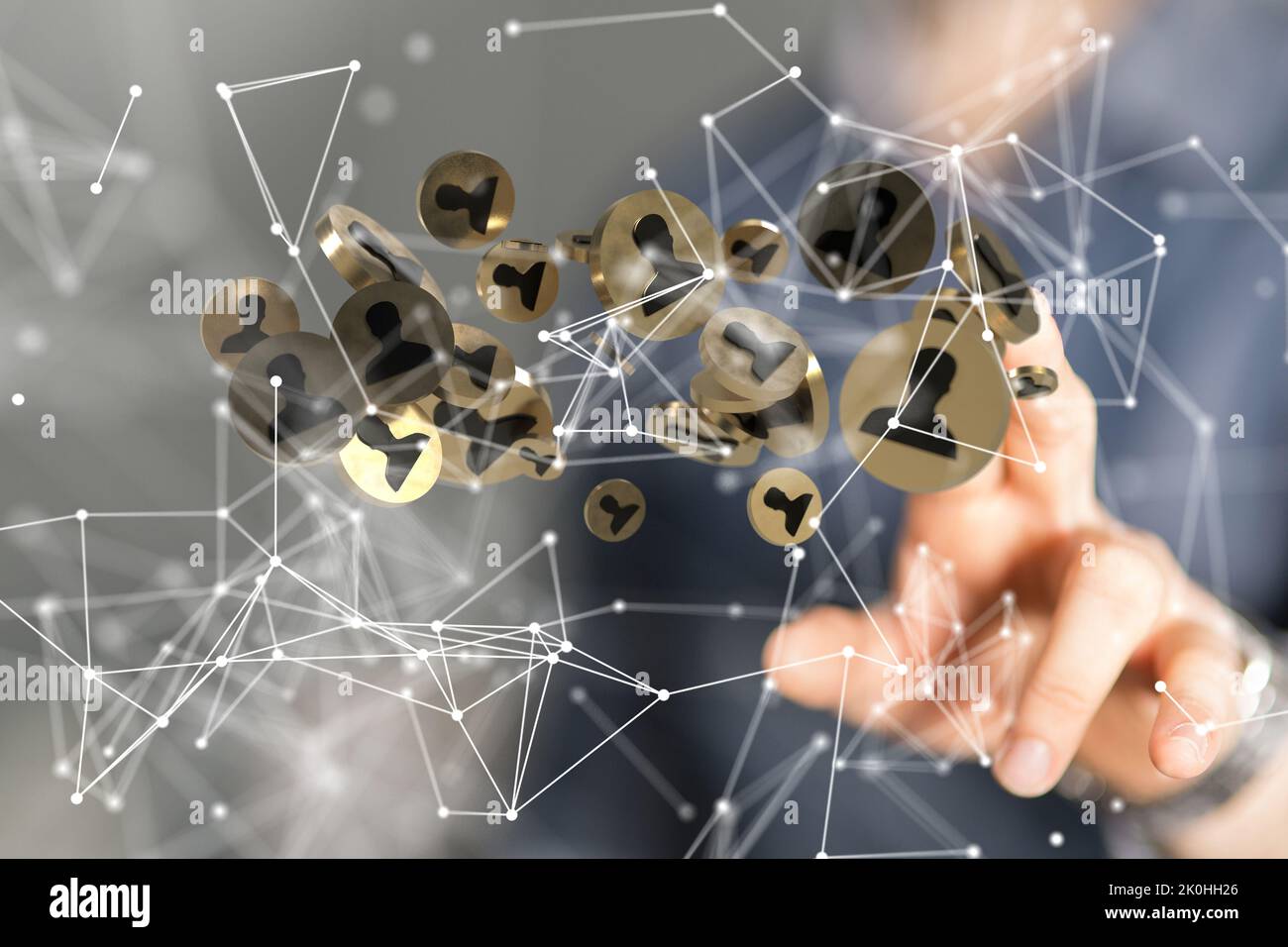 A businessman pointing to a 3D rendered network with user icons in a cyberspace Stock Photo - Alamy