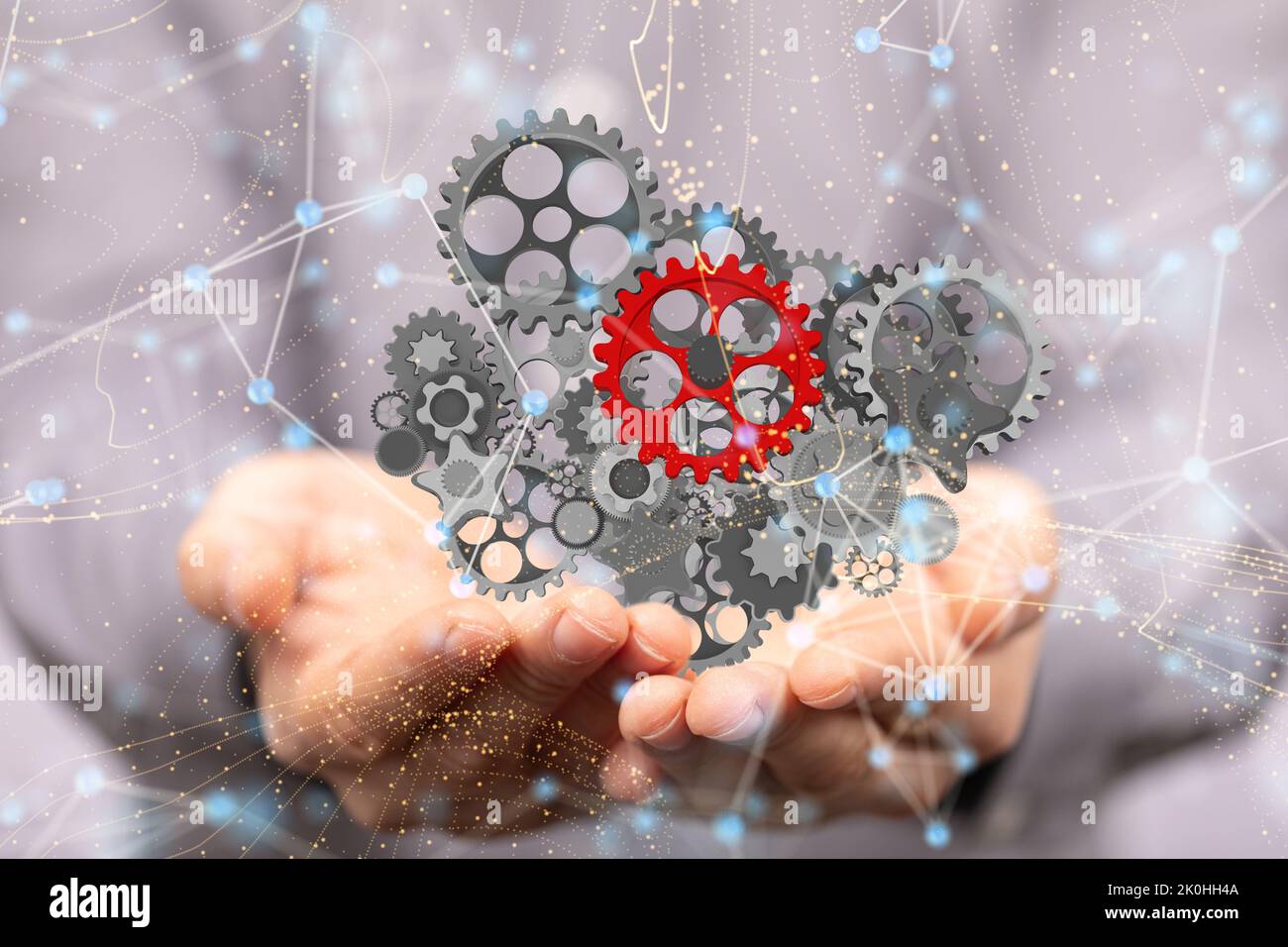 A businessman showing 3D rendered digital data visualization icons ...