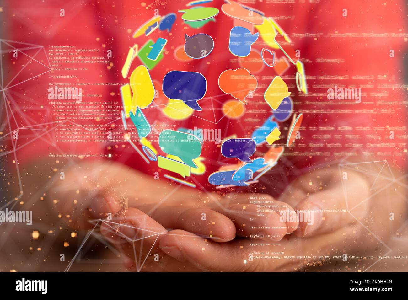 The colorful message icons hovering above the person's hands. Concept ...